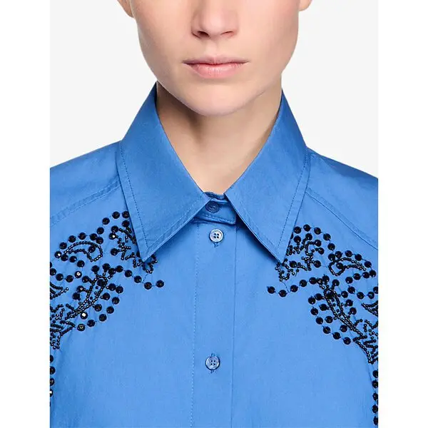 Sandro Embroidered Bead-embellished Cotton Shirt