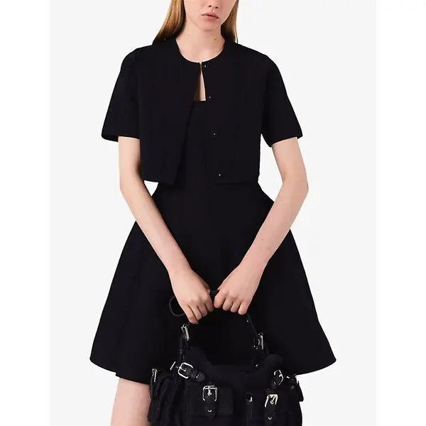 Maje Cropped Round Neck Short Sleeve Knitted Cardigan - Navy