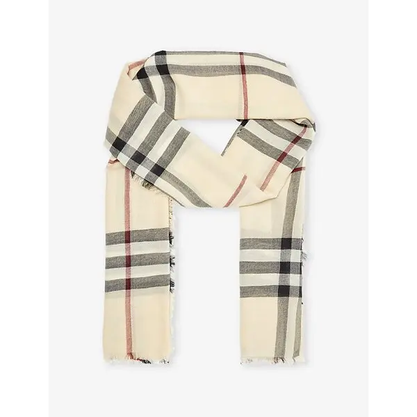 Burberry Checked Frayed-trim Wool Scarf - Stone