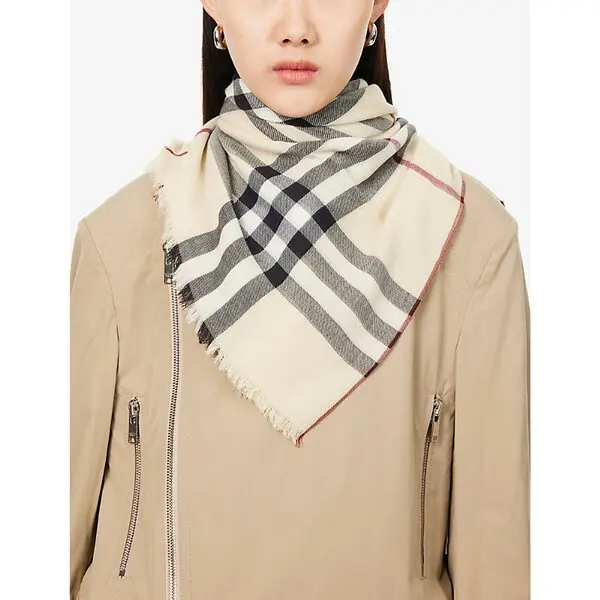 Burberry Checked Frayed-trim Wool Scarf - Stone