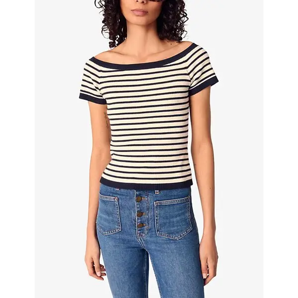 Maje Boat-neckline Stripe Ribbed-knit Top