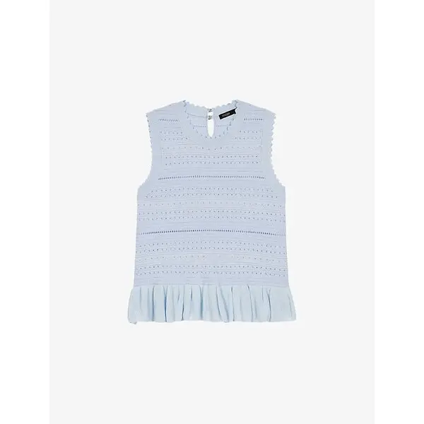 Maje Sleeveless Textured Knit Top With Ruffled Hem - Blue Sky