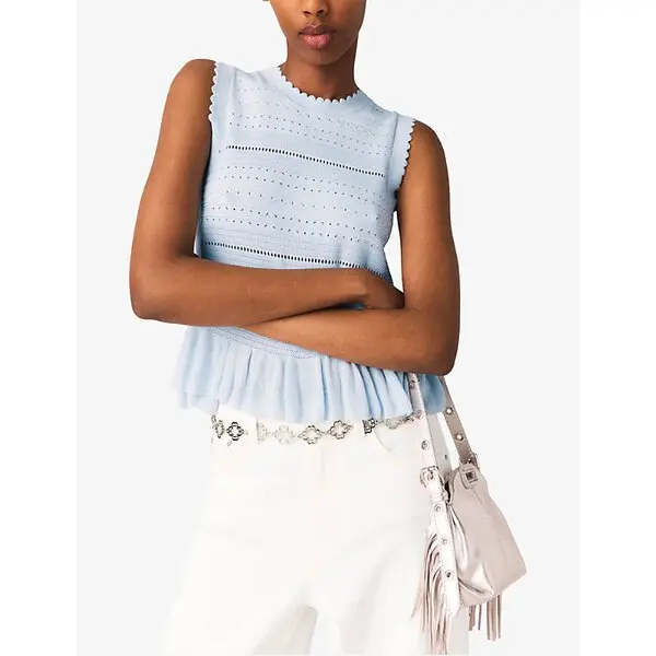 Maje Sleeveless Textured Knit Top With Ruffled Hem - Blue Sky