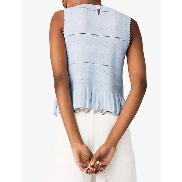 Maje Sleeveless Textured Knit Top With Ruffled Hem - Blue Sky