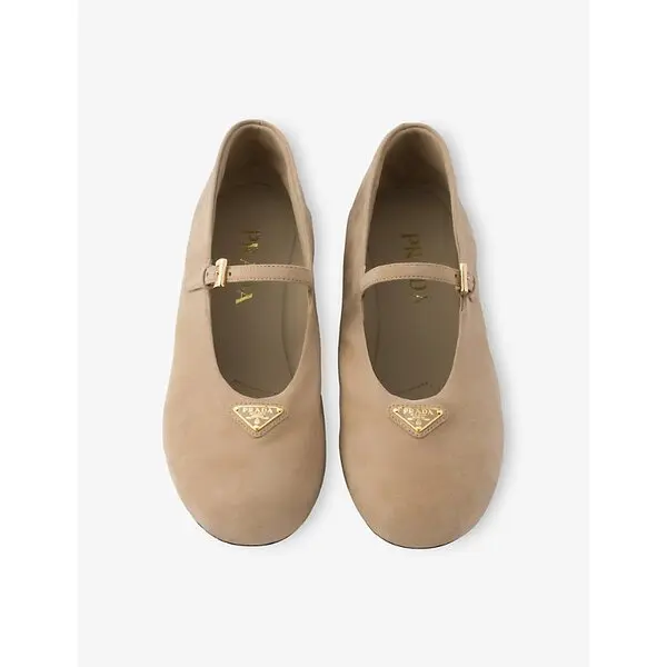 Prada Triangle-logo Suede Ballerina Flats - Neutral