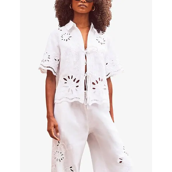 RO&ZO Broderie Tie-front Cotton-blend Shirt