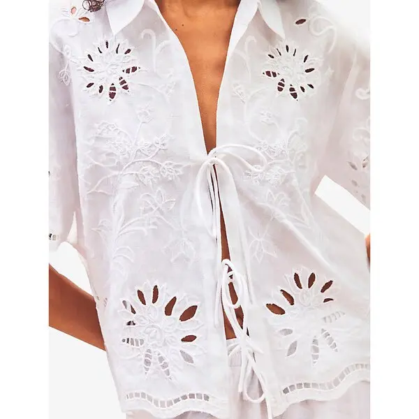 RO&ZO Broderie Tie-front Cotton-blend Shirt