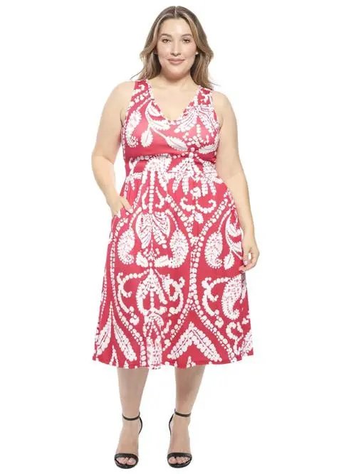24SEVEN COMFORT APPAREL Paisley V-neck Sleeveless Pleated Pocket Midi Fit N Flare Dress - Red Multi