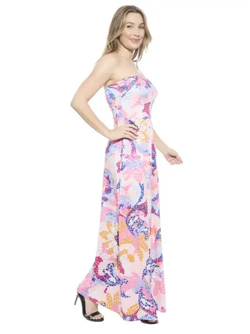24SEVEN COMFORT APPAREL Abstract Strapless A-line Maxi Dress With Pockets - Pink Multi