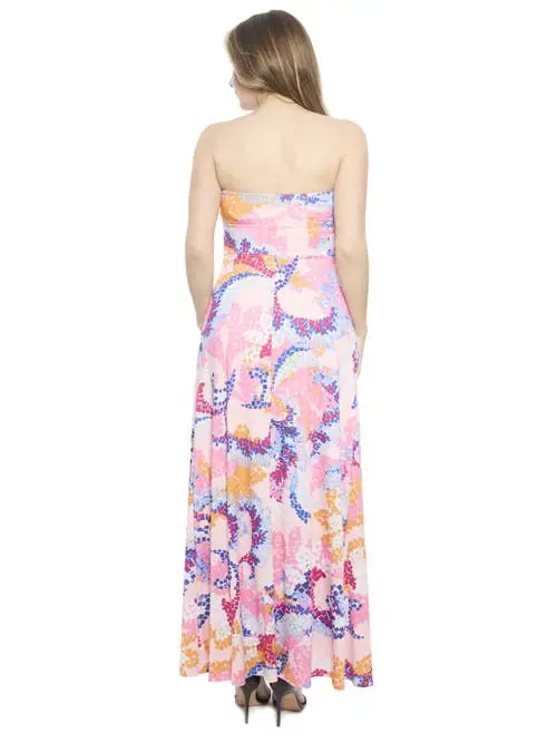 24SEVEN COMFORT APPAREL Abstract Strapless A-line Maxi Dress With Pockets - Pink Multi