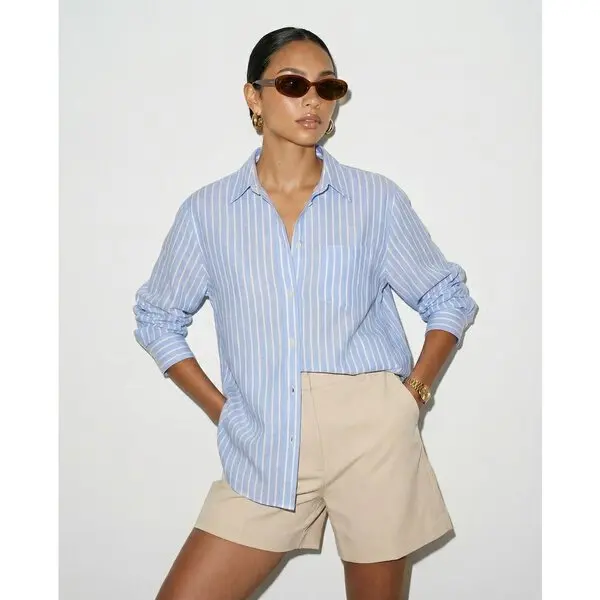 The Shirt By Rochelle Behrens The Washed Linen Shirt - Light Blue/white