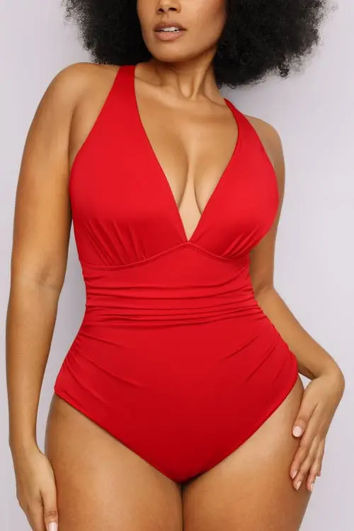 SHAPELLX Plunge Ruched Cutout One Piece Swimsuit - Red