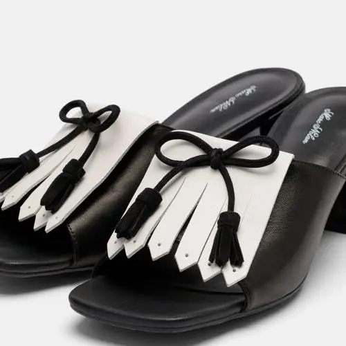 MARC NOLAN Sienna Calf Leather Tassel Mules - Black/white