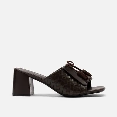 MARC NOLAN Sienna Calf Leather Tassel Block Heel Mules - Espresso