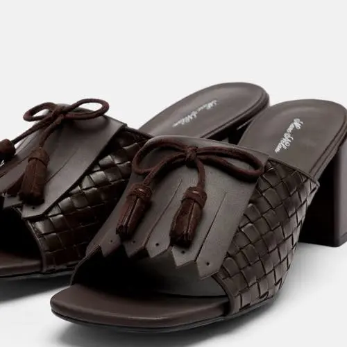 MARC NOLAN Sienna Calf Leather Tassel Block Heel Mules - Espresso