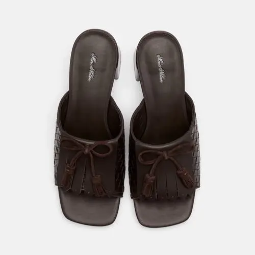 MARC NOLAN Sienna Calf Leather Tassel Block Heel Mules - Espresso