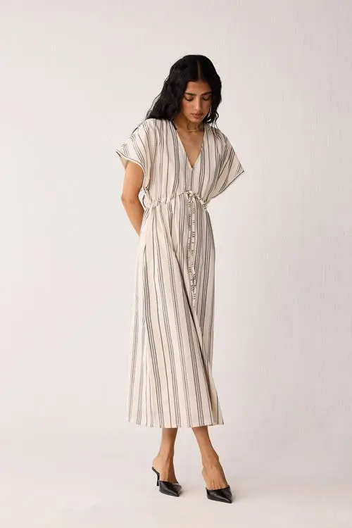 REISTOR Maxi Gathered Stripe Dress With Side Slits - Linear Canvas
