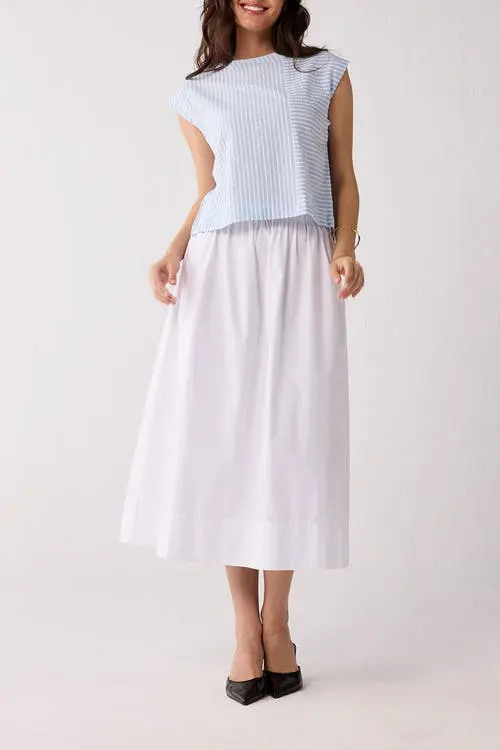 REISTOR Blue Stripe Crew Neck Top With Button Back Detail - Cloudline