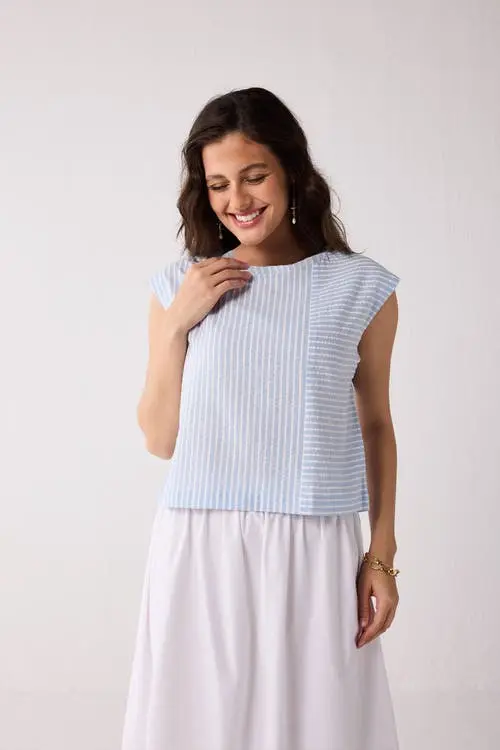 REISTOR Blue Stripe Crew Neck Top With Button Back Detail