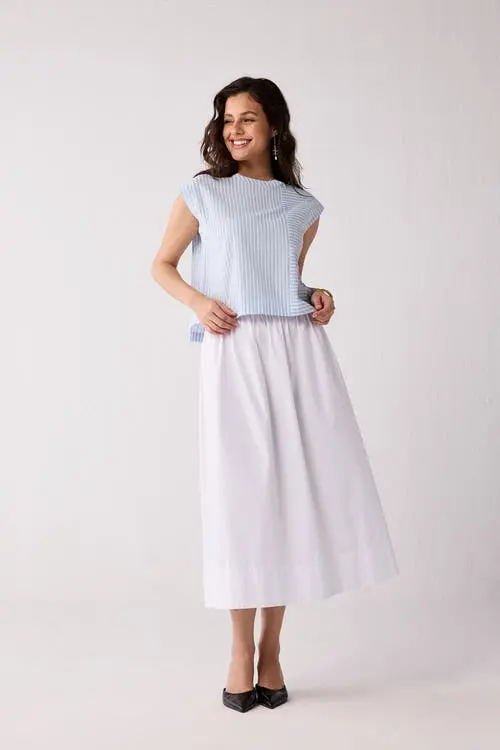 REISTOR Blue Stripe Crew Neck Top With Button Back Detail
