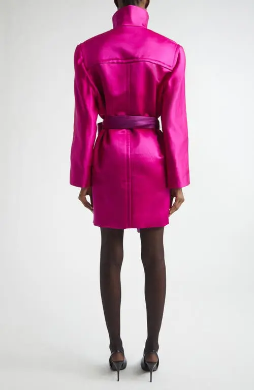 Saint Laurent Silk Satin Belted Coat - Fuchsia