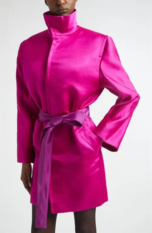 Saint Laurent Silk Satin Belted Coat - Fuchsia