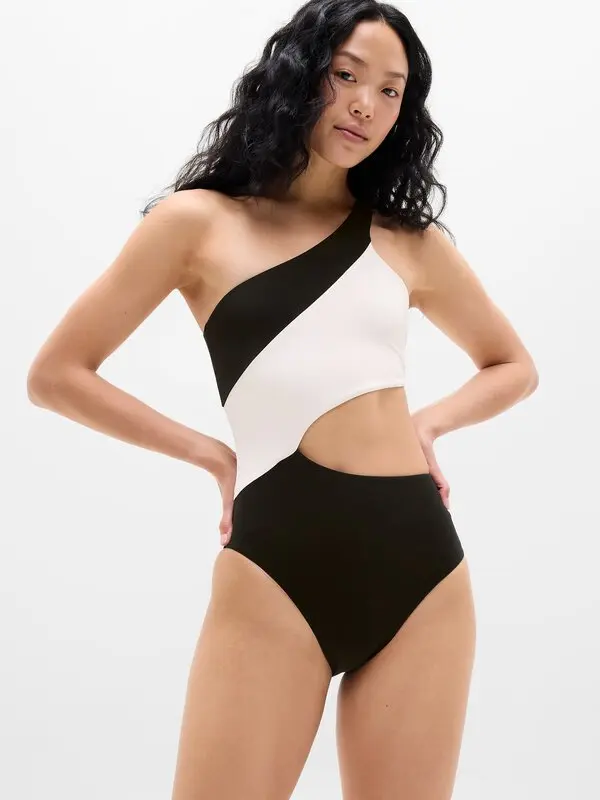 Athleta Shoreline Asymmetrical One Piece - Black/magnolia White