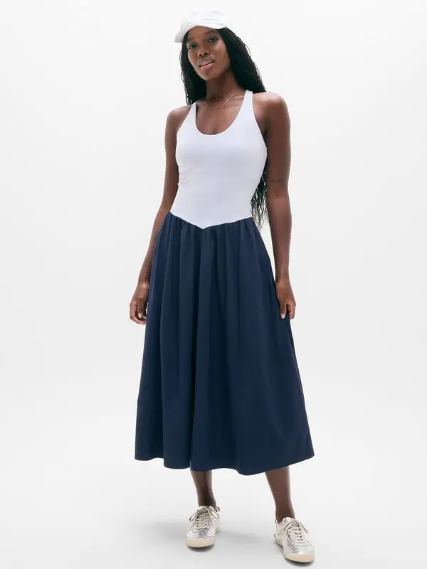 Athleta Moment Hybrid Midi Dress - Dove/navy