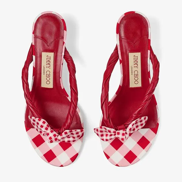 JIMMY CHOO Liss 35 Gingham Cotton Mule Sandals - Ruby Red Mix
