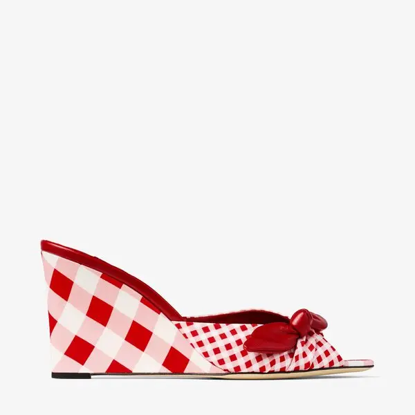 JIMMY CHOO Livi Wedge Mules With Gingham Bow - Ruby Red Mix