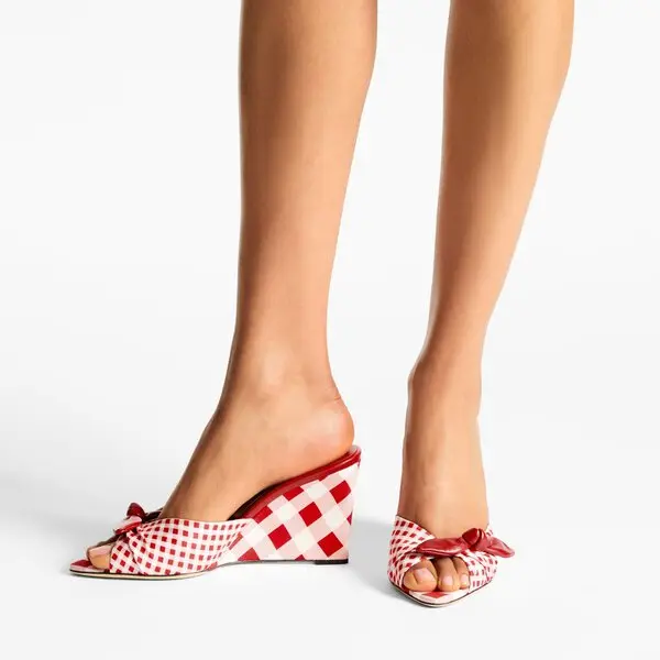 JIMMY CHOO Livi Wedge Mules With Gingham Bow - Ruby Red Mix