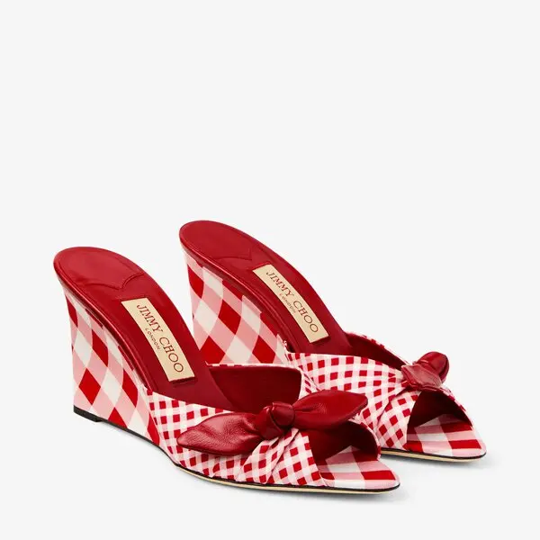 JIMMY CHOO Livi Wedge Mules With Gingham Bow - Ruby Red Mix