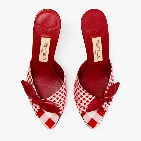 JIMMY CHOO Livi Wedge Mules With Gingham Bow - Ruby Red Mix