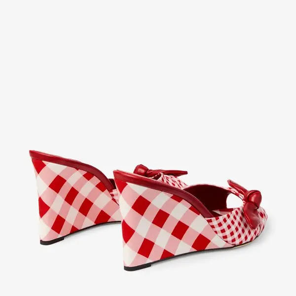 JIMMY CHOO Livi Wedge Mules With Gingham Bow - Ruby Red Mix