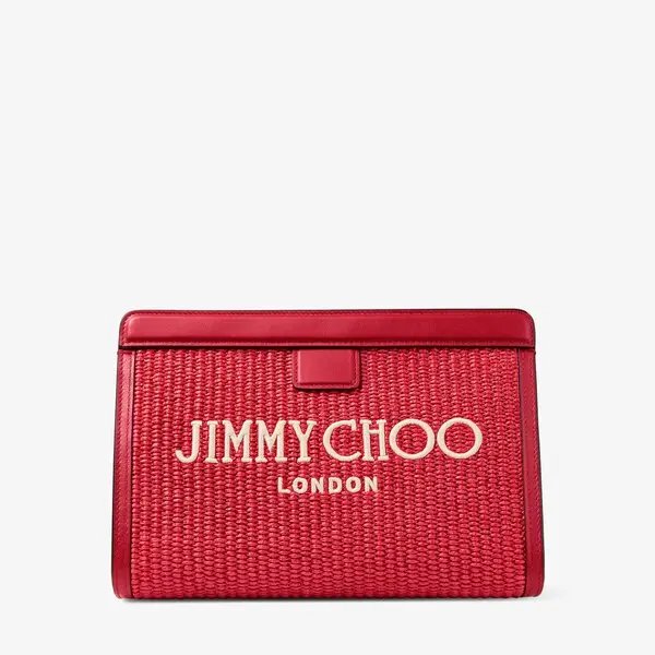 JIMMY CHOO Avenue London Embroidered Raffia And Leather Pouch - Ruby Red/light Gold