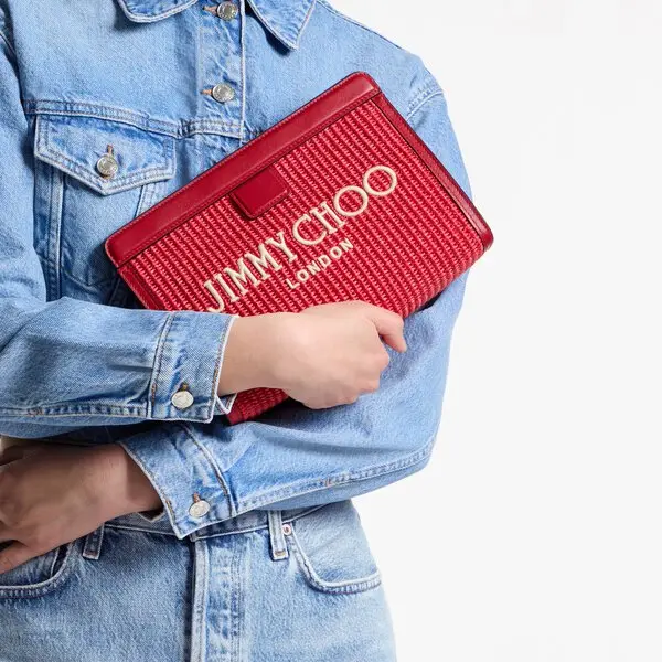 JIMMY CHOO Avenue London Embroidered Raffia And Leather Pouch - Ruby Red/light Gold