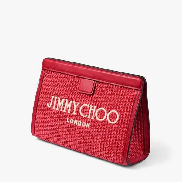 JIMMY CHOO Avenue London Embroidered Raffia And Leather Pouch - Ruby Red/light Gold