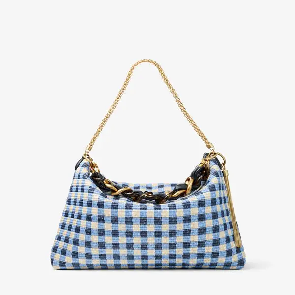 JIMMY CHOO Callie Maxi Gingham Raffia Shoulder Bag With Detachable Woven Nappa Leather Strap - Marine Mix/marine/gold