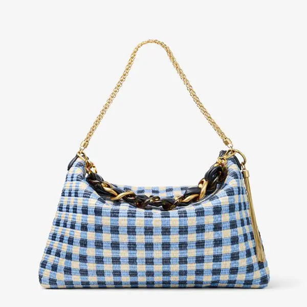 JIMMY CHOO Callie Maxi Gingham Raffia Shoulder Bag With Detachable Woven Nappa Leather Strap - Marine Mix/marine/gold