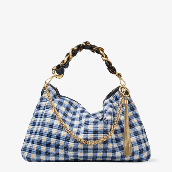 JIMMY CHOO Callie Maxi Gingham Raffia Shoulder Bag With Detachable Woven Nappa Leather Strap - Marine Mix/marine/gold