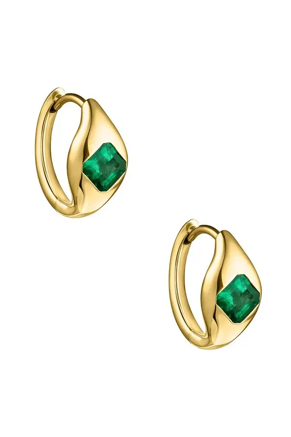 ISA GRUTMAN Colombian Emerald Dome Huggie Hoop Earrings - Yellow Gold