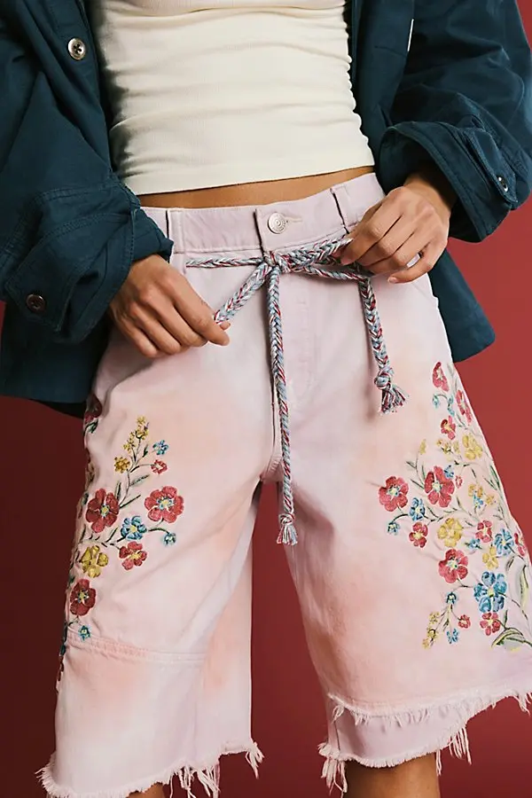 Free People Embroidered Denim Bermuda Shorts - Rainbow Sherbet Combo