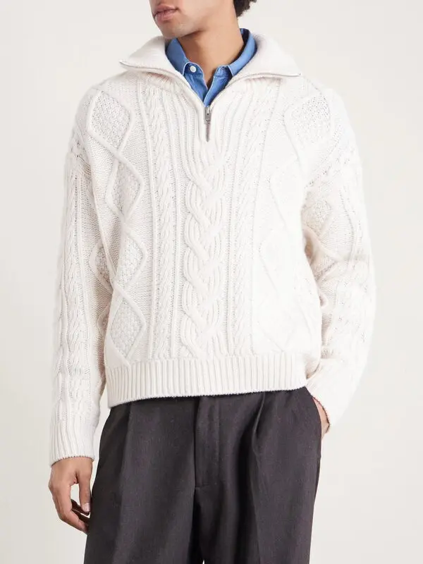 FRAME Cable-knit Wool And Cashmere-blend Half-zip Sweater - Neutrals