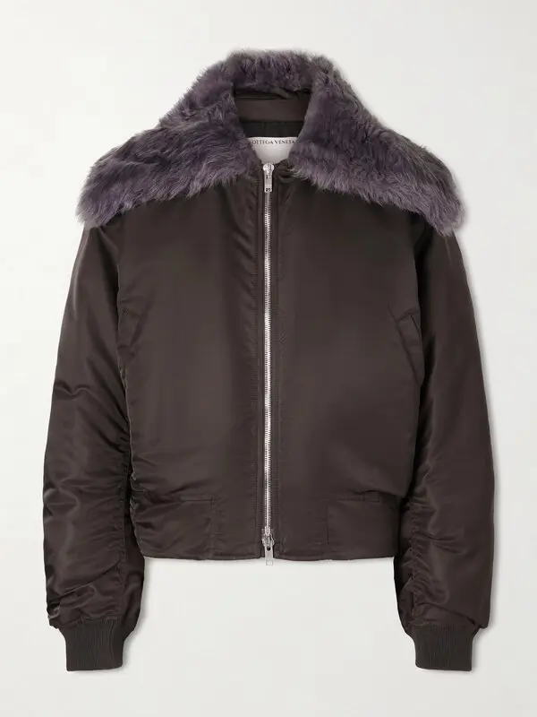 Bottega Veneta Padded Plush-trimmed Satin Bomber Jacket - Brown