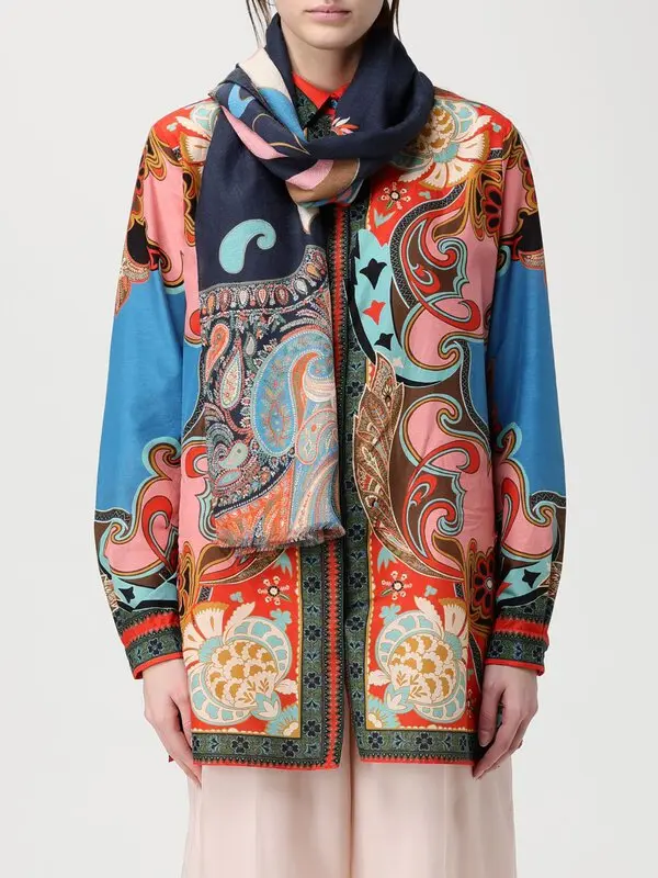 Etro Cotton Blend Scarf With Paisley Motif - Blue