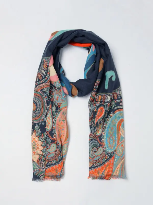 Etro Cotton Blend Scarf With Paisley Motif - Blue