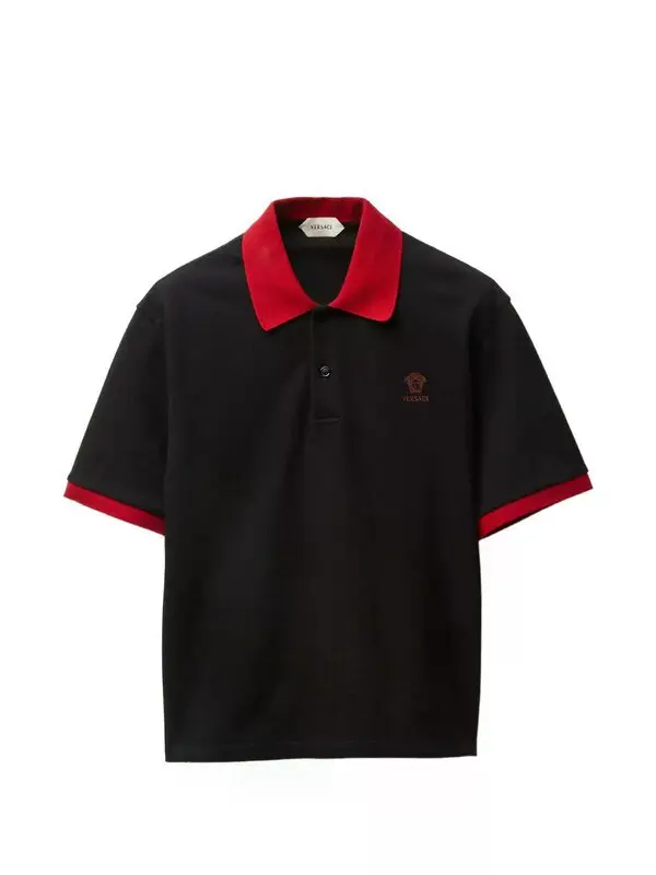 Versace Embroidered Cotton Piqué Polo - Black