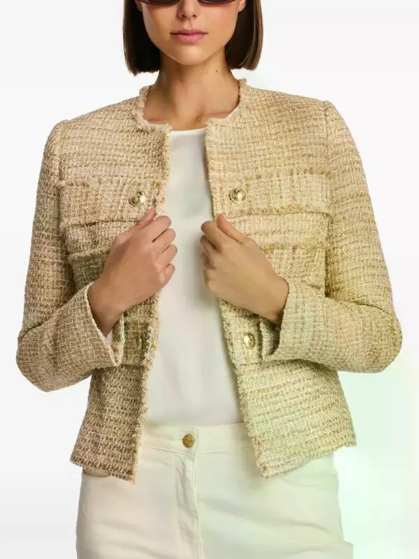 WEILL Beige Gold-tone Button Detail Fringed Tweed Jacket