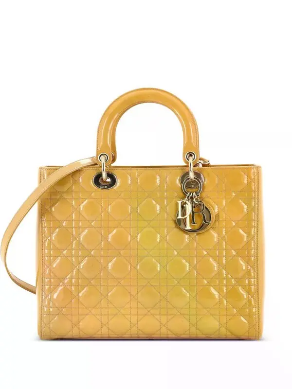 Dior Lady Bag Cannage Quilt Patent Medium Satchel - Yellow