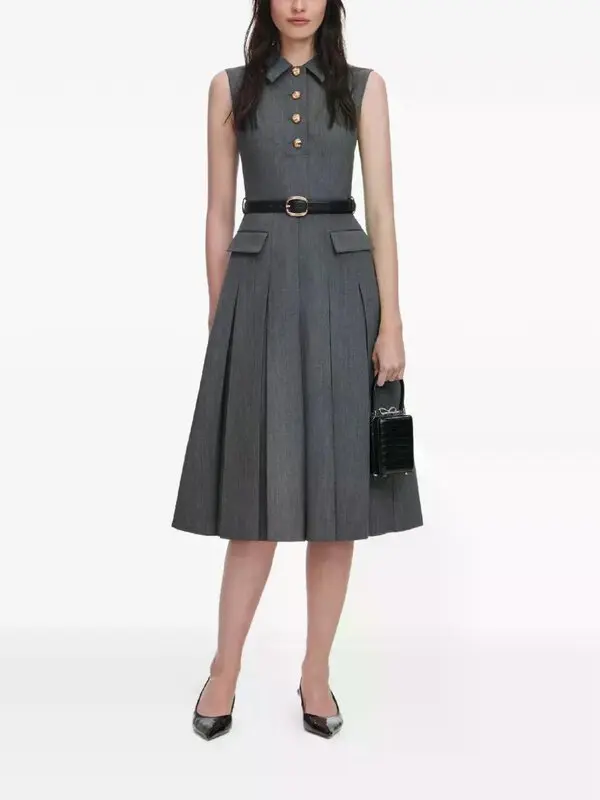 SELF-PORTRAIT Pointed-collar Pleated Midi Dress - Grey